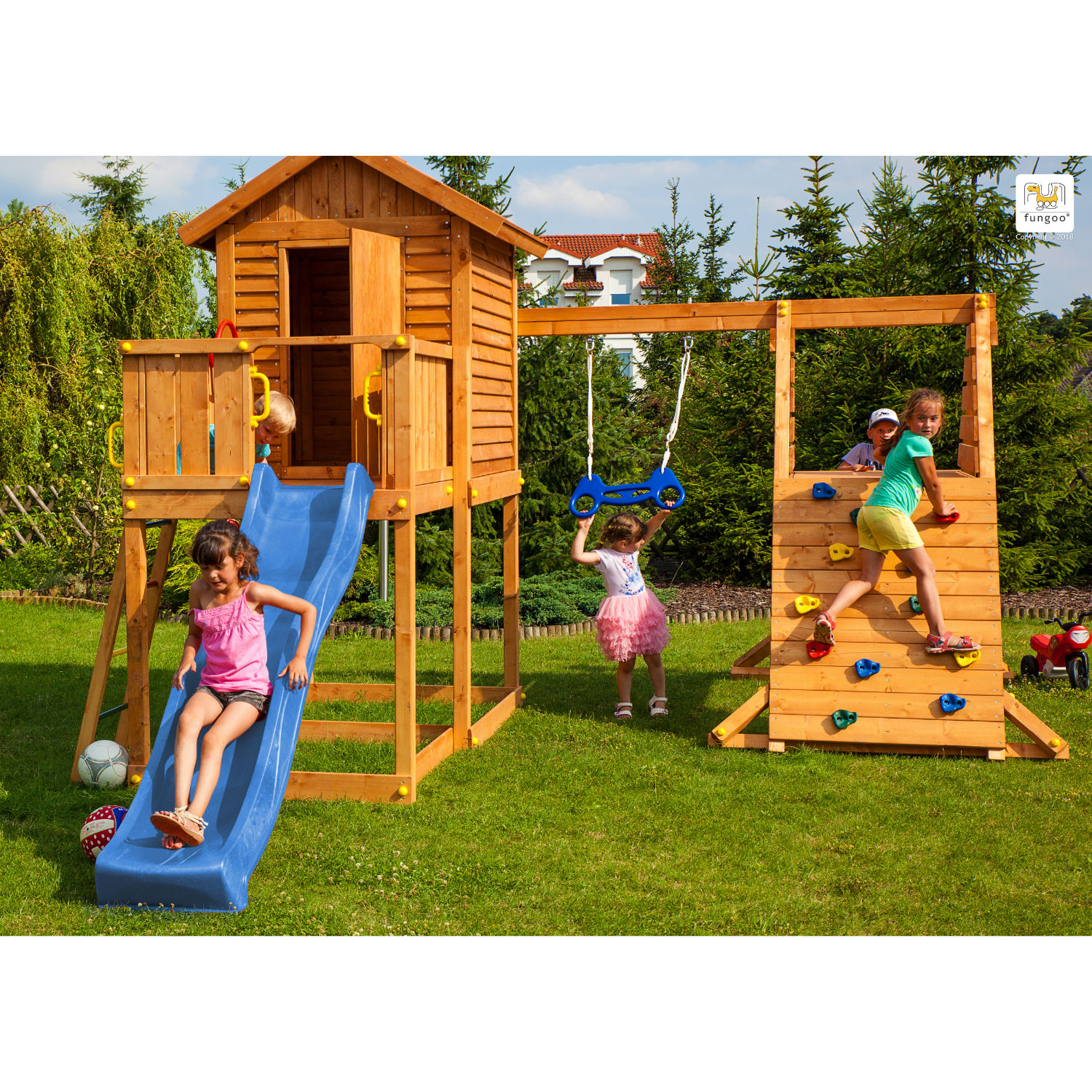 Preisvergleich für Fungoo Spielturm My House Spider+, teak, mit Rutsche ...